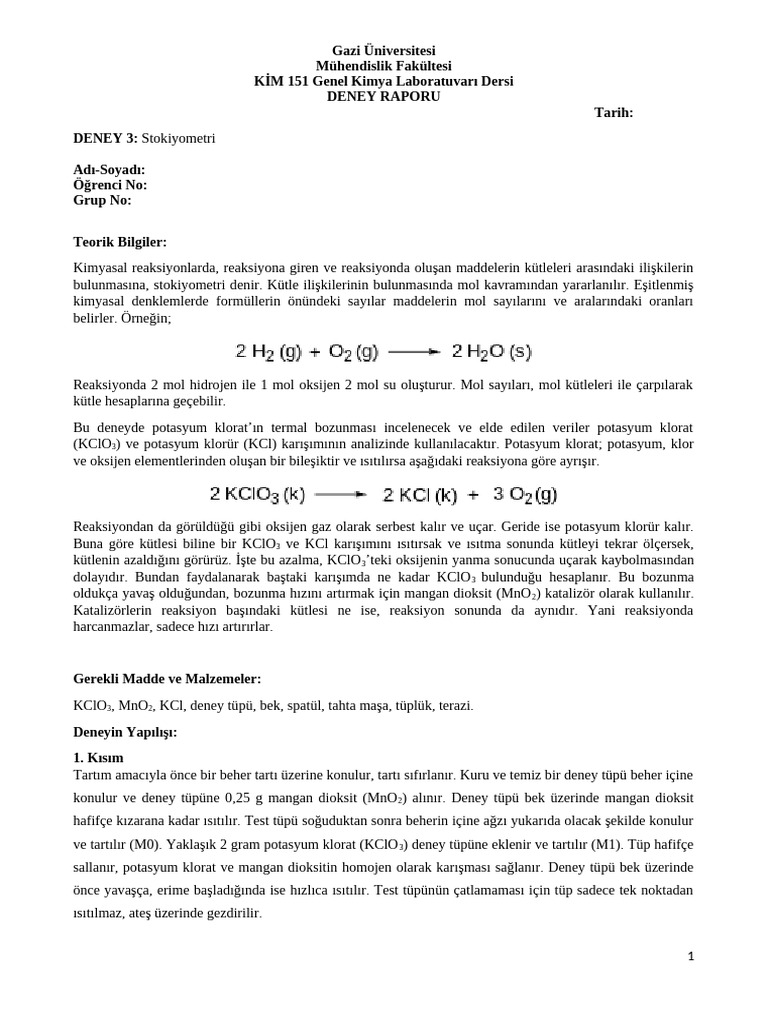 Deney Stokiyometri DENEY RAPORU | PDF