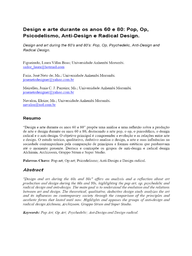 Design e Arte Durante Os Anos 60 e 80 Pop Op Psicodelismo Anti-Design e ...