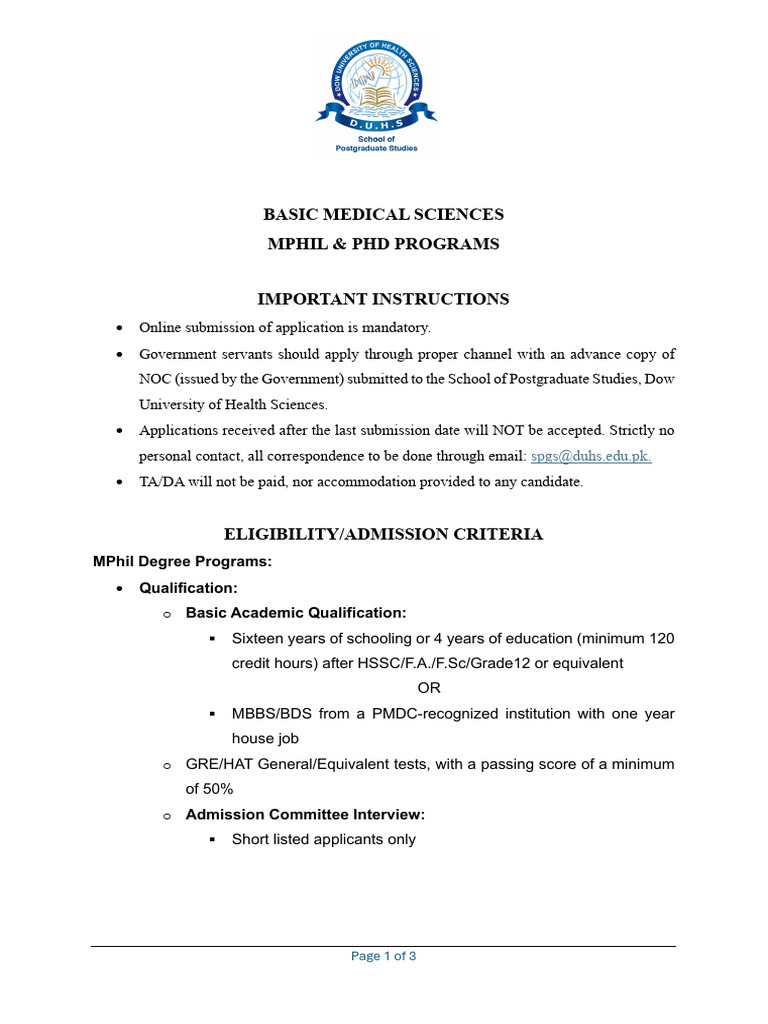 MPhil PHD Admission Criteria Basic Medical Sciences 06-11-2024 | PDF