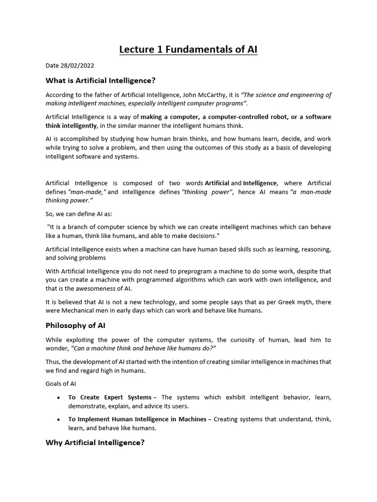 Lecture 1 Fundamentals of AI | PDF