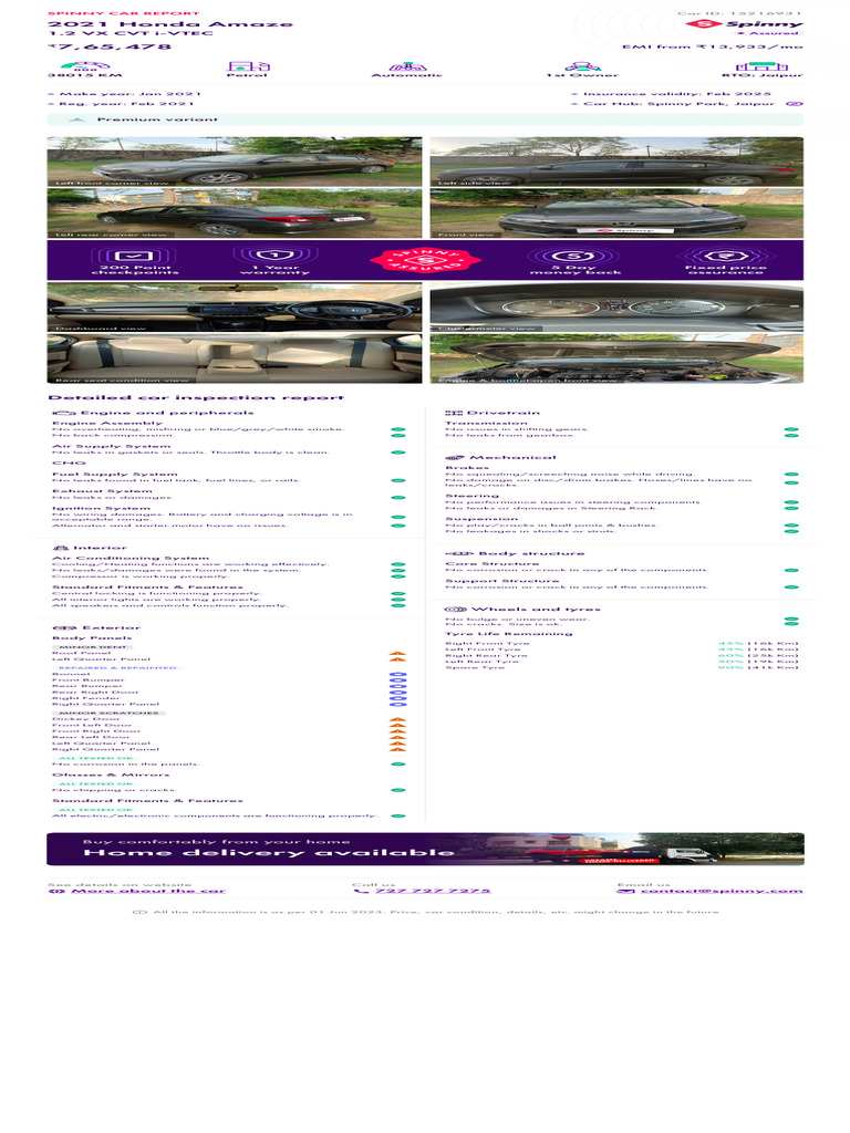 Spinny 2021 Honda Amaze Inspection Report | PDF