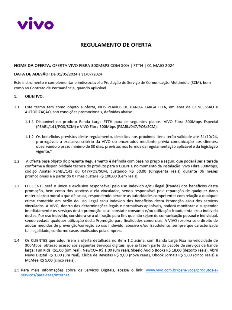 Regulamento Oferta Vivo Fibra 300 50porcento 6M | PDF
