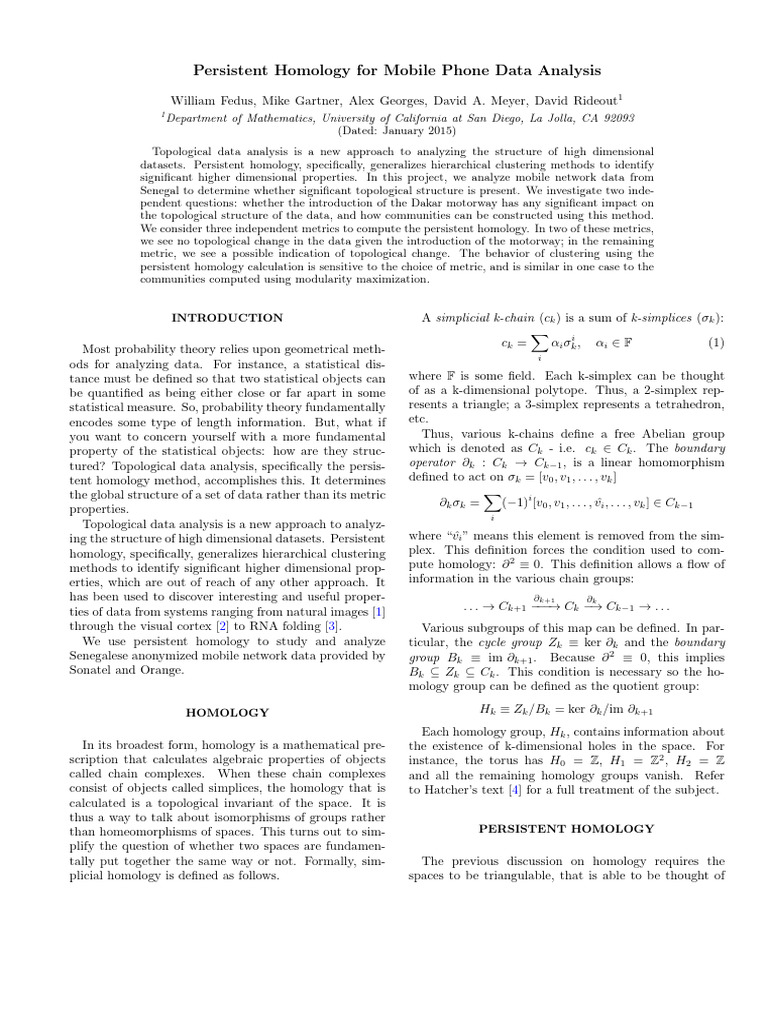 Persistent Homology For Mobile Phone Data Analysis | PDF