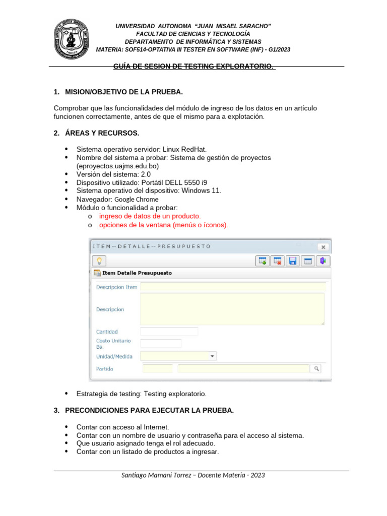 GUÍA DE SESION DE TESTING EXPLORATORIO Ejemplo | PDF