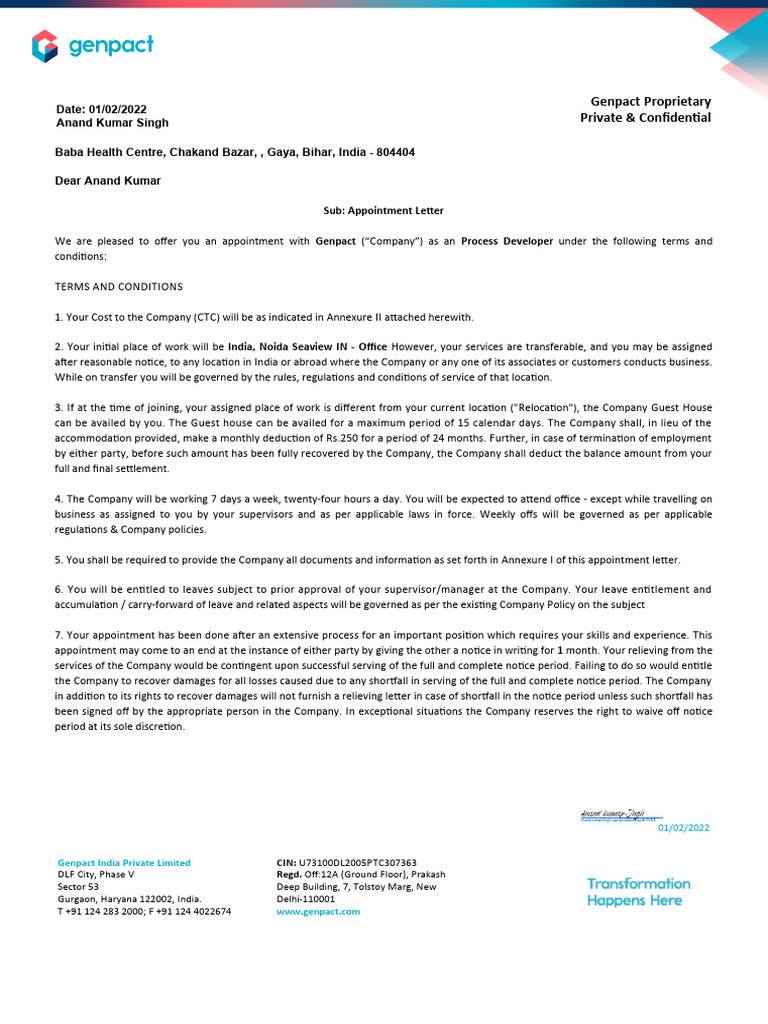 Genpact Appointment Letter - Signed | PDF