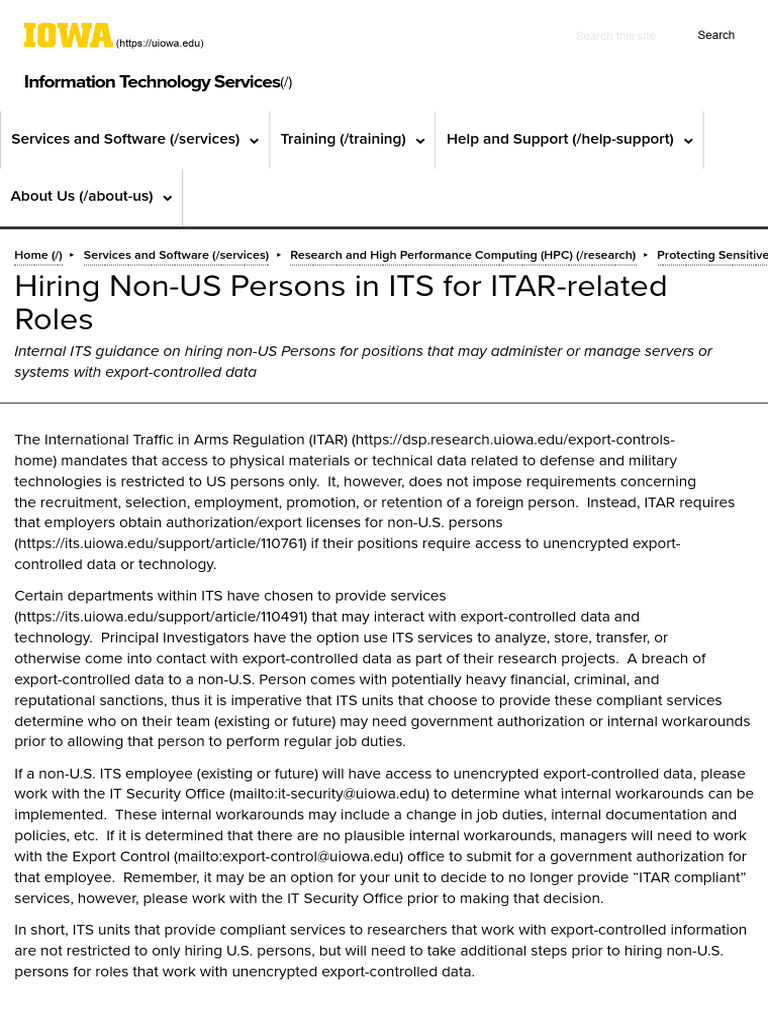 Hiring Non-US Persons in ITS For ITAR-related Roles - Information Technology Services | PDF