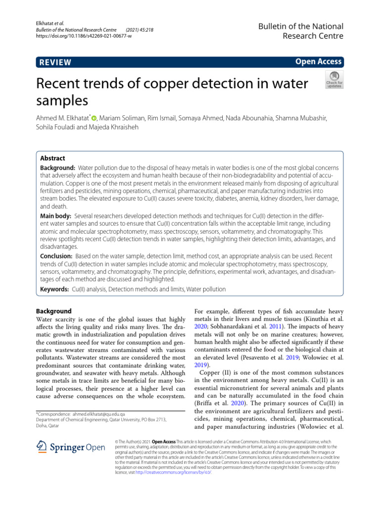 Recent Trends of Copper Detection in Water Samples: Review Open Access ...