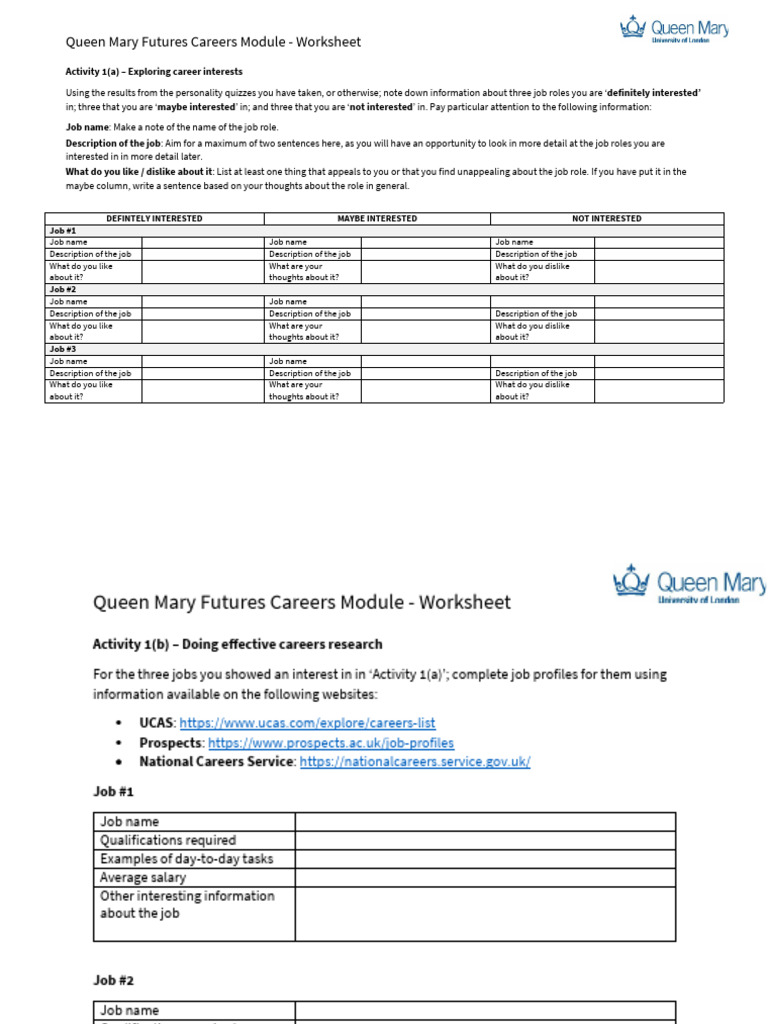 Queen Mary Futures Careers Module Worksheet | PDF