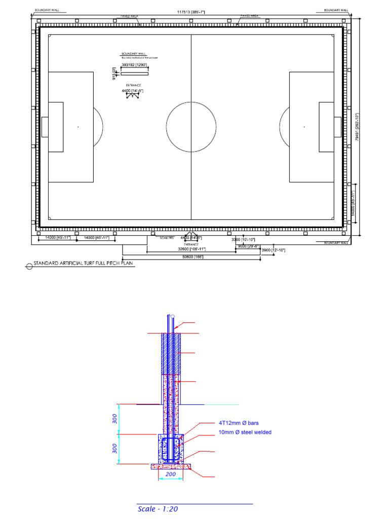 Standard Artificial Turf Full Pitch Plan: Paved Area Boundary Wall ...