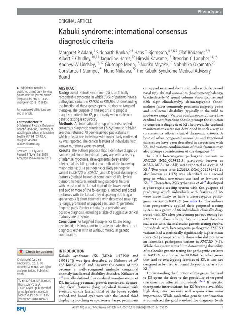 Kabuki Syndrome International Consensus (Adam M, Banka S... ) Q1 | PDF