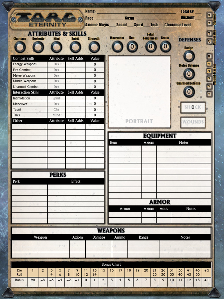 TORG Character Sheet Filloutform | PDF