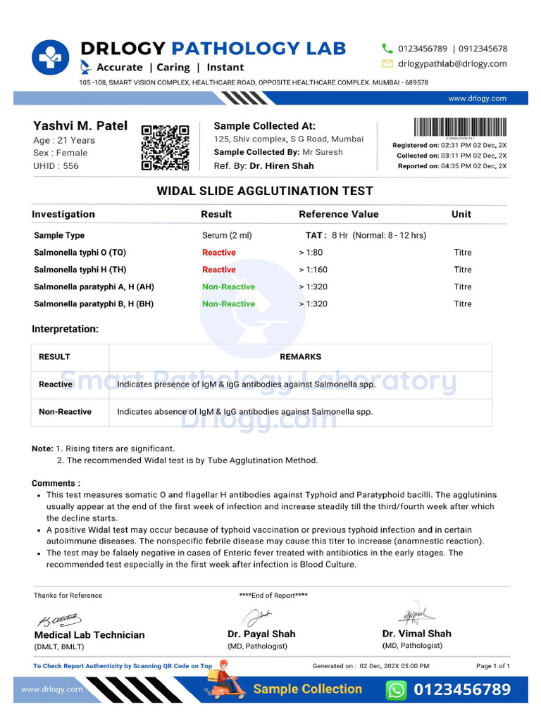 Positive Widal Test Report Format Example Sample Template Drlogy Lab ...
