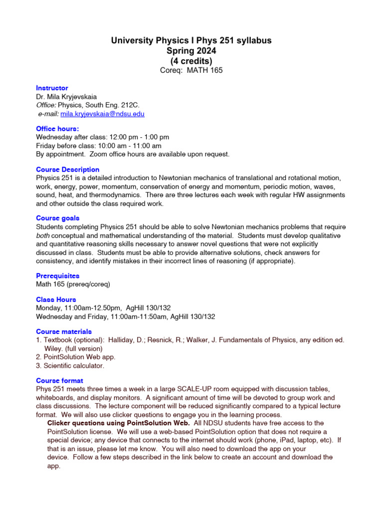 University Physics I Phys 251 Syllabus NDSU | PDF