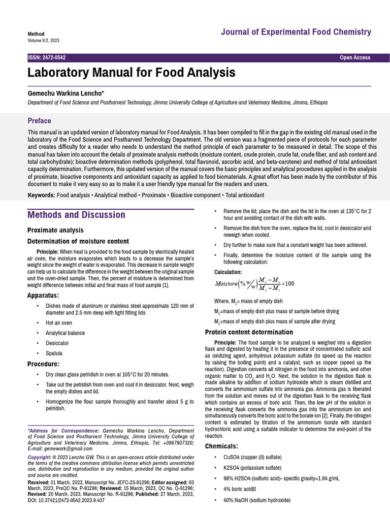 Laboratory Manual For Food Analysis | PDF