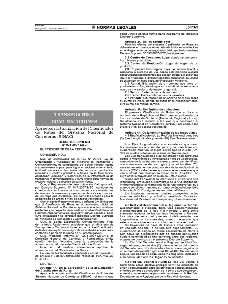 D.S. #034-2007-MTC - Clasificador - Rutas - Anexo PDF | PDF