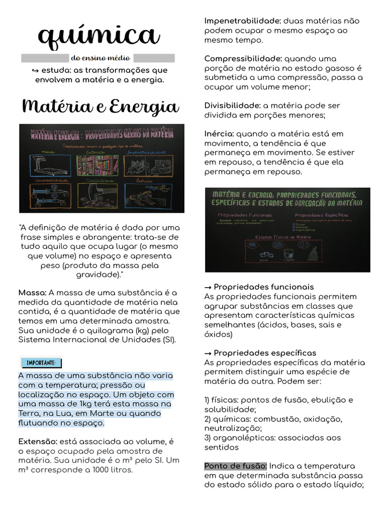 Resumo de Química - Matéria e Energia, Separação de Misturas e Modelos ...