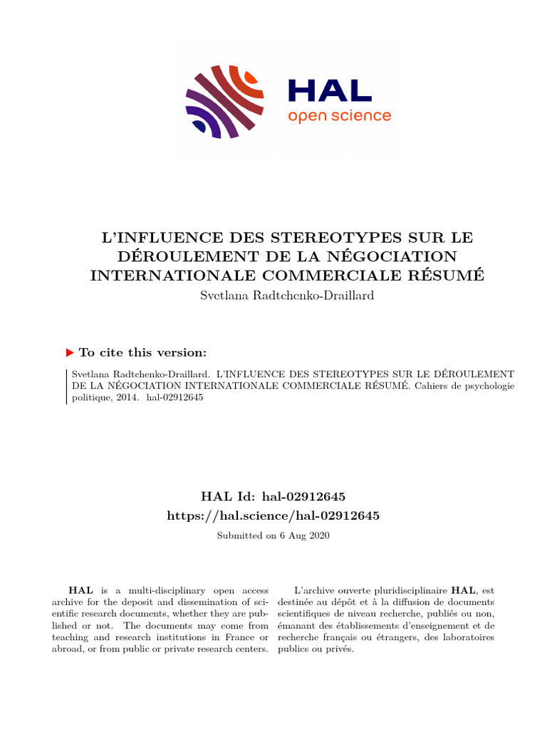 L'Influence Des Stéréotypes Nationaux Sur Le Déroulement de La ...