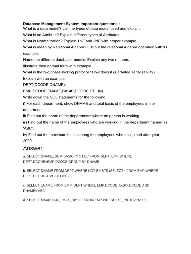 Database Management System Important Questions | PDF