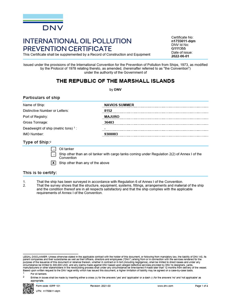(IOPP) POLLUTION PREVENTION CERTIFICATE + Form A | PDF