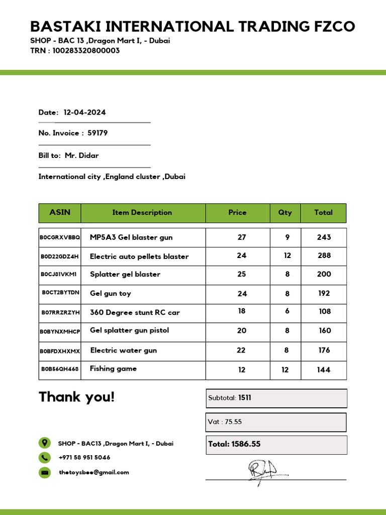Dubai Toy Purchase Invoice Summary | PDF