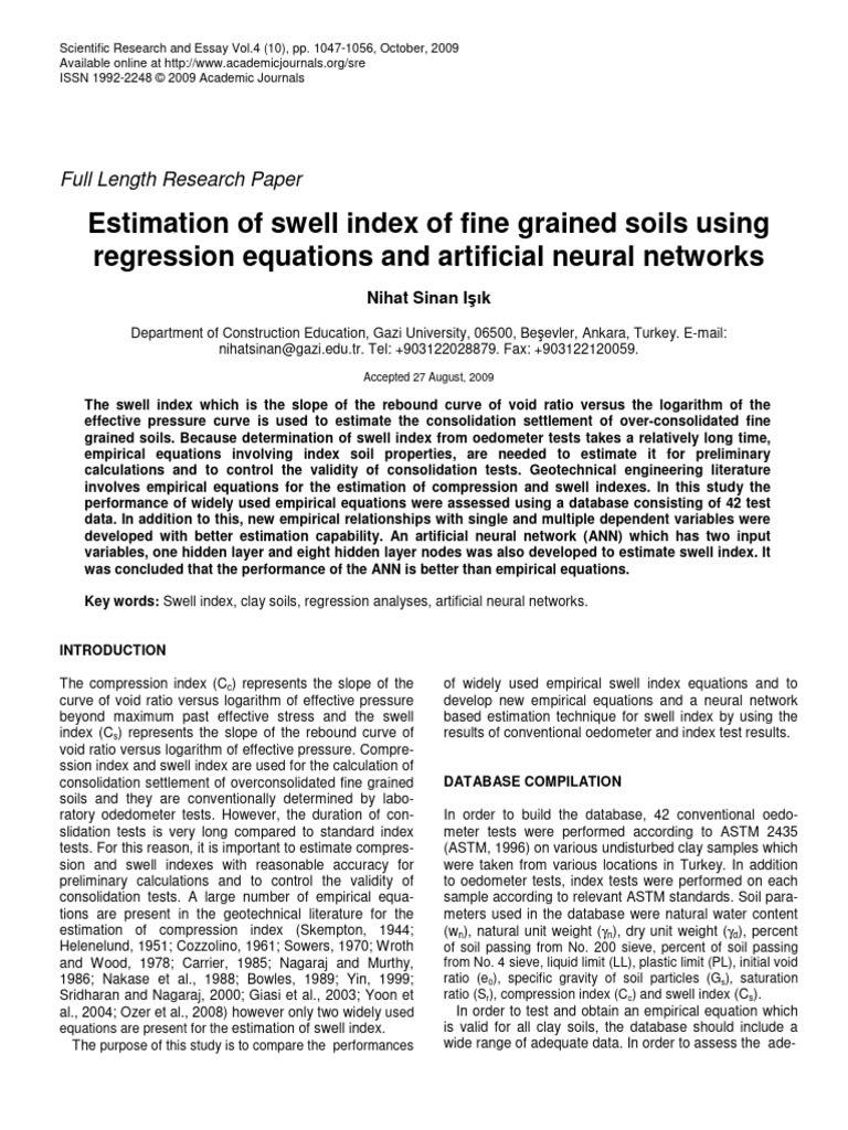 Estimation of Swell Index of Fine Grained Soils Using Regression ...