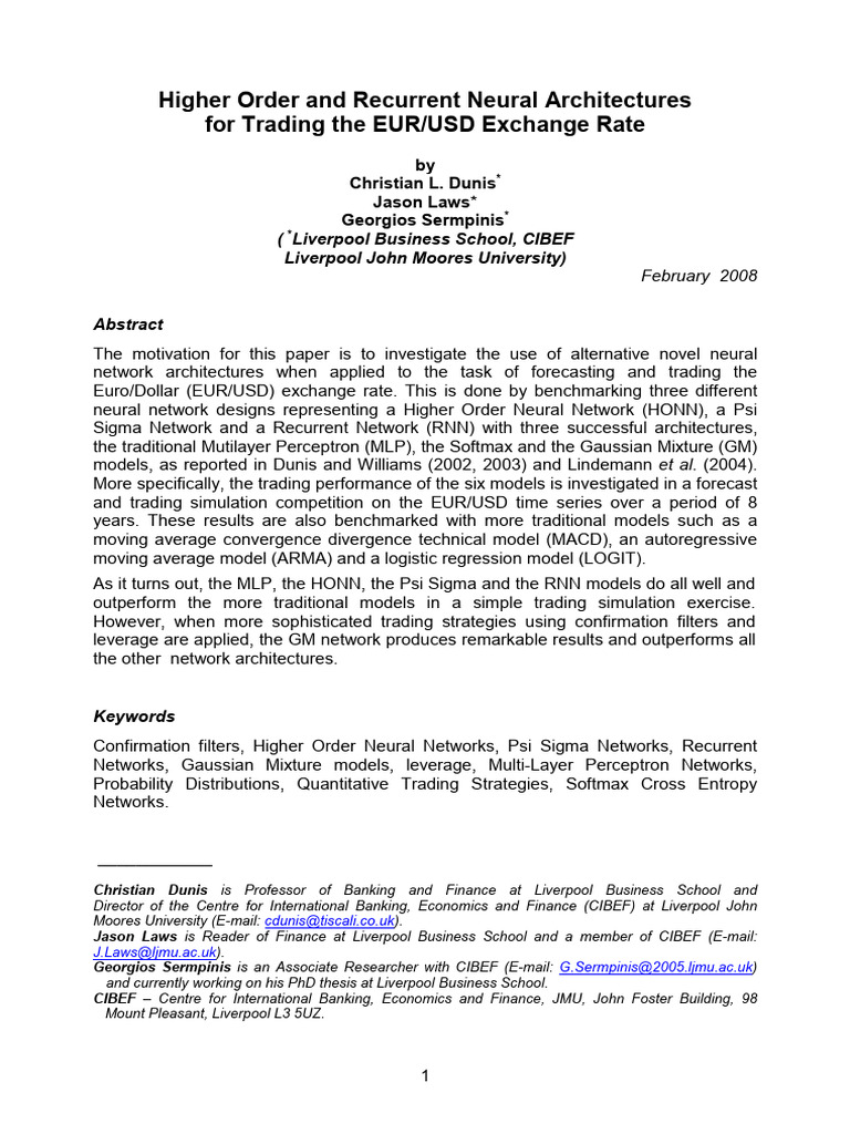 Higher Order and Recurrent Neural Architectures For Trading The EUR USD Exchange Rate | PDF ...
