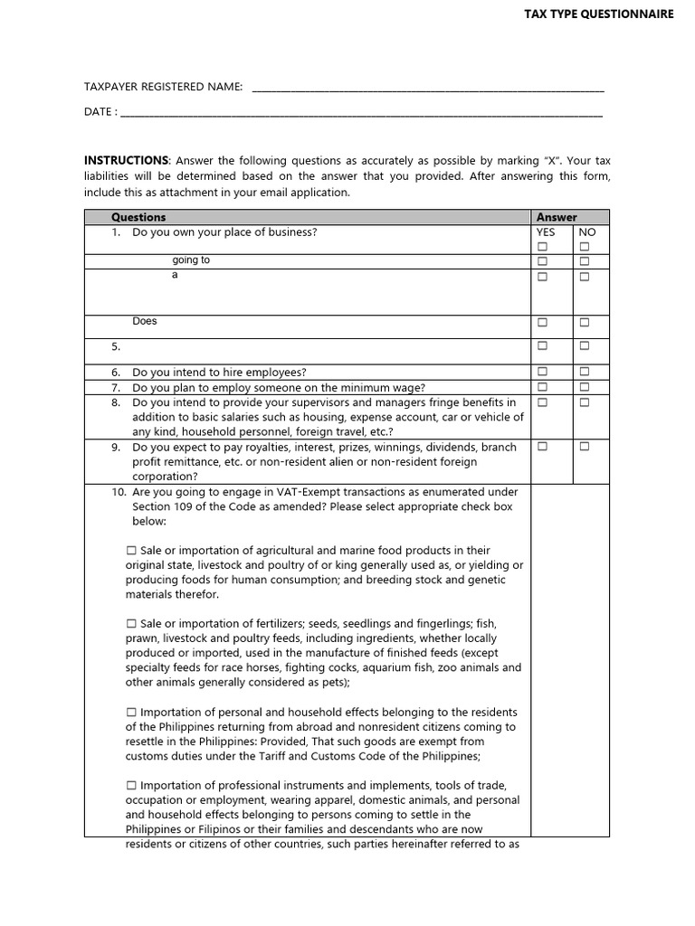 Tax Type Questionnaire for Businesses | PDF | Employment | Taxes