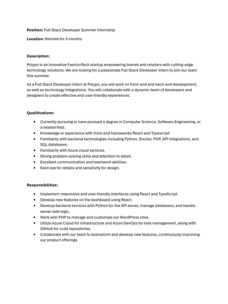 Full Stack Developer Summer Intern 2024 | PDF | Usability | Career & Growth