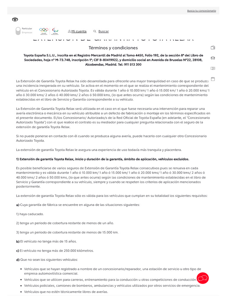 Términos y Condiciones Toyota Relax - Toyota España | PDF
