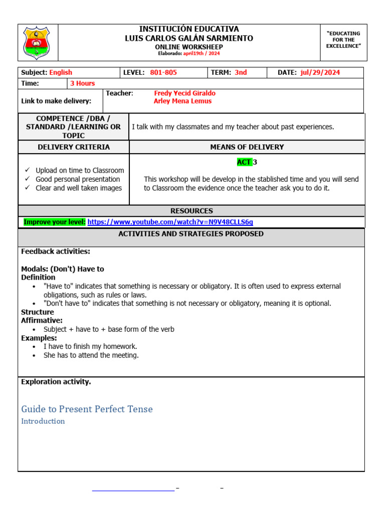 2024 801 Eng Act 3 Present Perfect | PDF