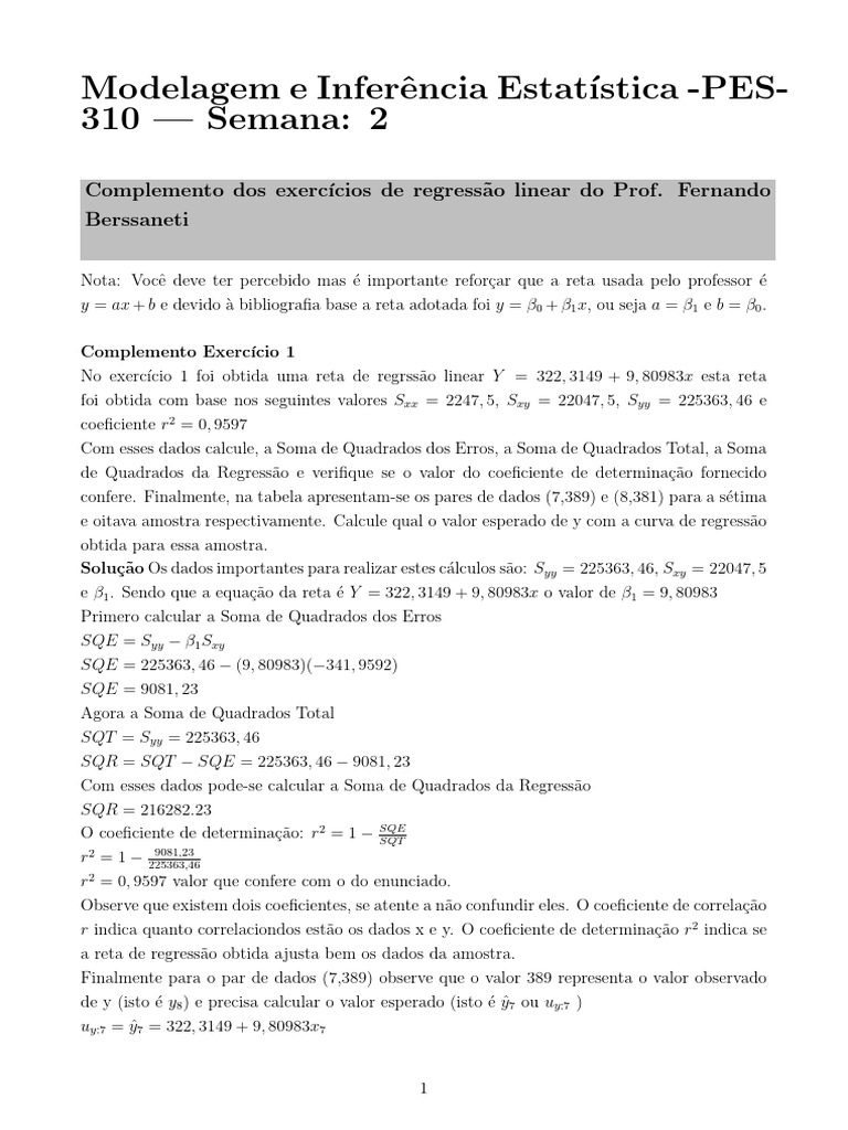 Semana 2 - Complemento Dos Exercícios de Apoio - Modelagem e Inferência Estatística - PES310 | PDF