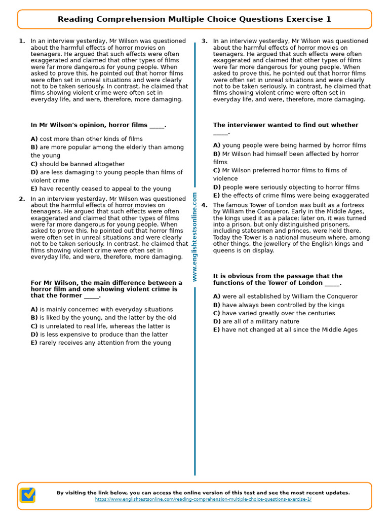 1871 - Reading Comprehension Multiple Choice Questions Exercise 1 | PDF ...