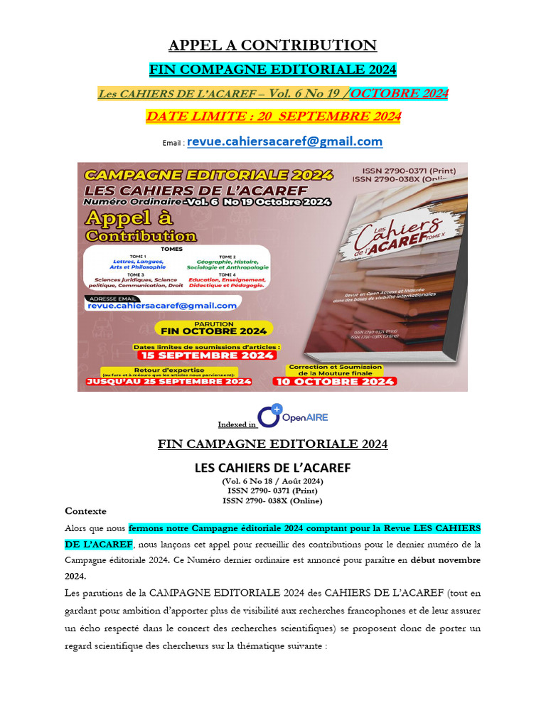 APPEL - Fin Campagne Indexed CAHIERS ACAREF PARUTION OCTOBRE 2024 | PDF