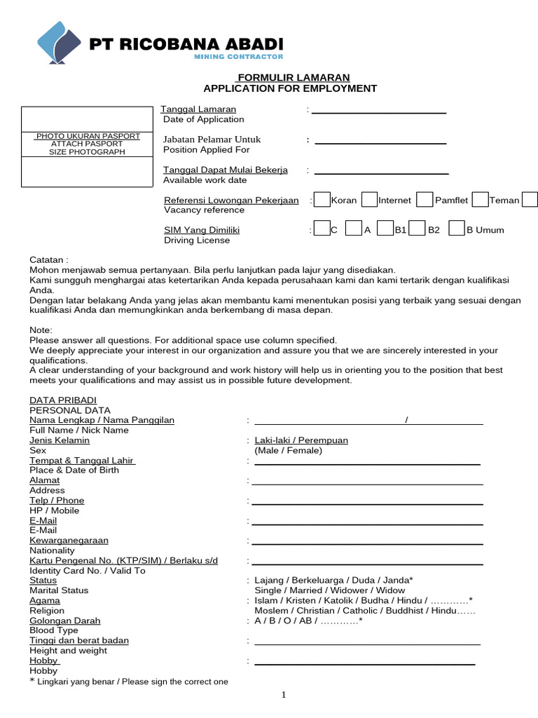 Contoh form aplikasi perusahaan | PDF