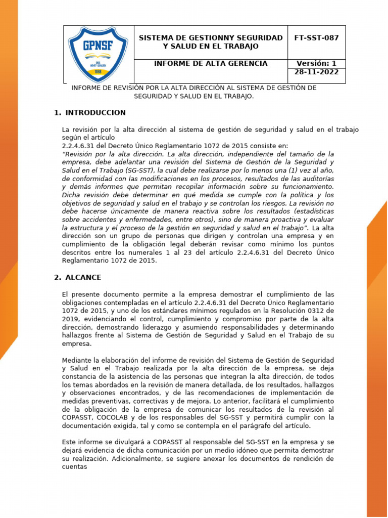 SG - Sst-For-19 Acta de Revision Del SG-SST Por La Alta Dirección de La Empresa | PDF