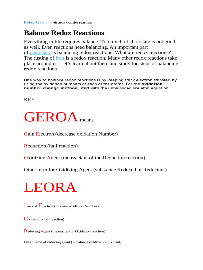 Balancing Redox Equation by Valence Electron Method | PDF