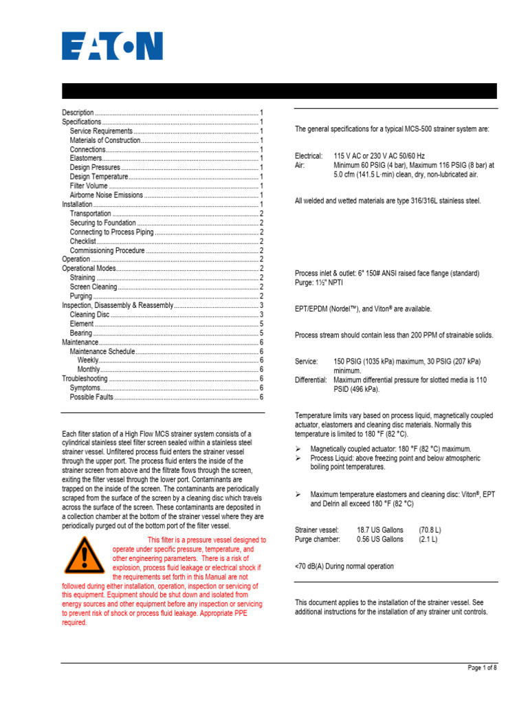 Mechanically Cleaned Strainer MCS 500 Installation | PDF