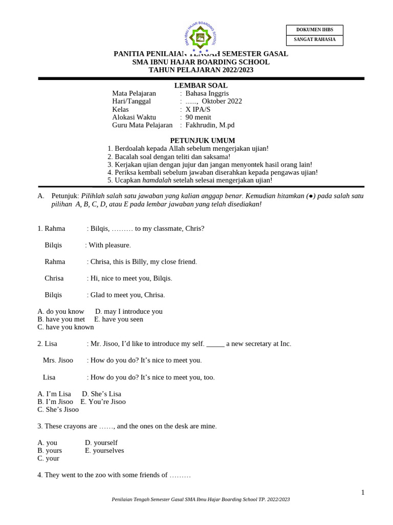 Soal PTS Ganjil - Bahasa Inggris - KLS 10 - Sma Ihbs 2022 - 2023 | PDF