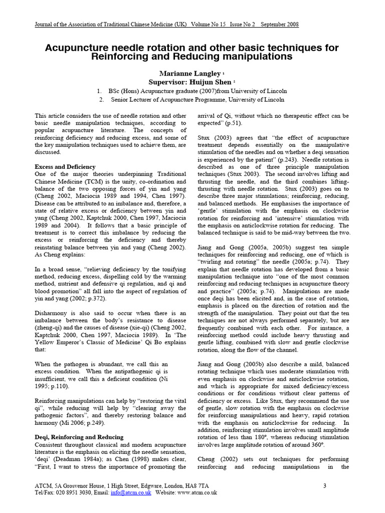 Acupuncture Rotation and Other Basic Techniques for Reinforcing and ...