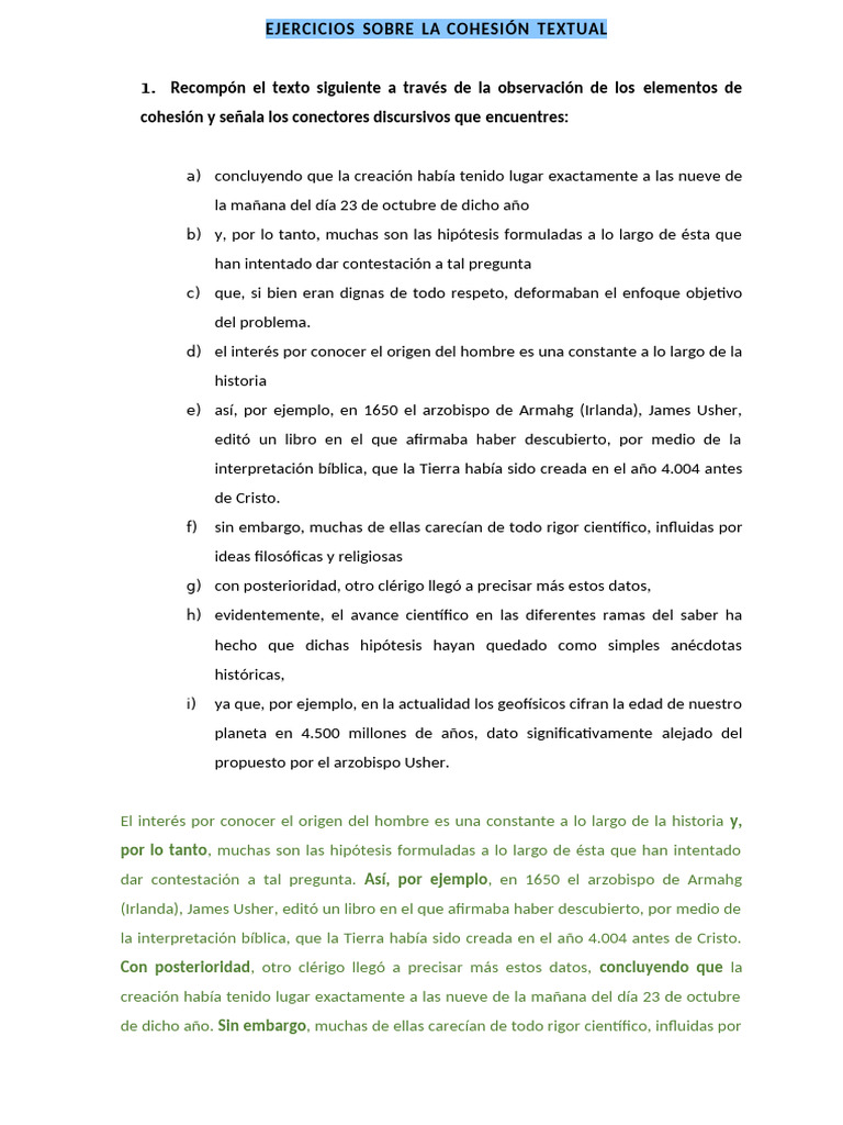 EJERCICIOS SOBRE LA COHESIÓN TEXTUAL.docx OFICIAL | PDF