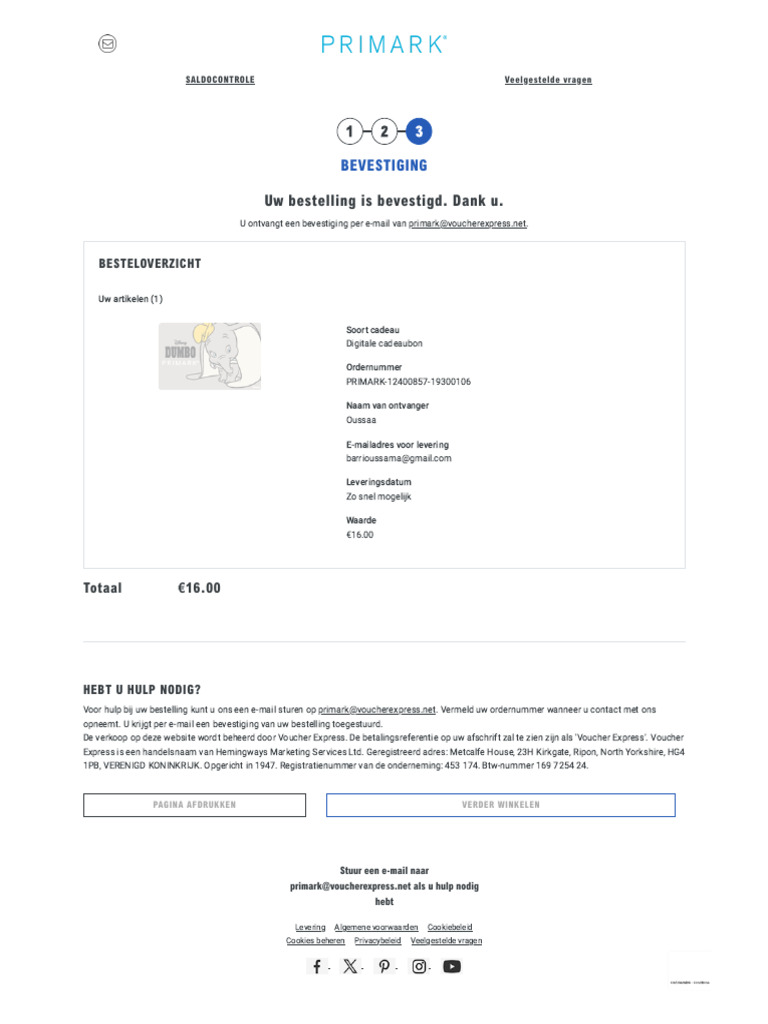 Bevestiging - Primark Digitale Cadeaubon BE | PDF