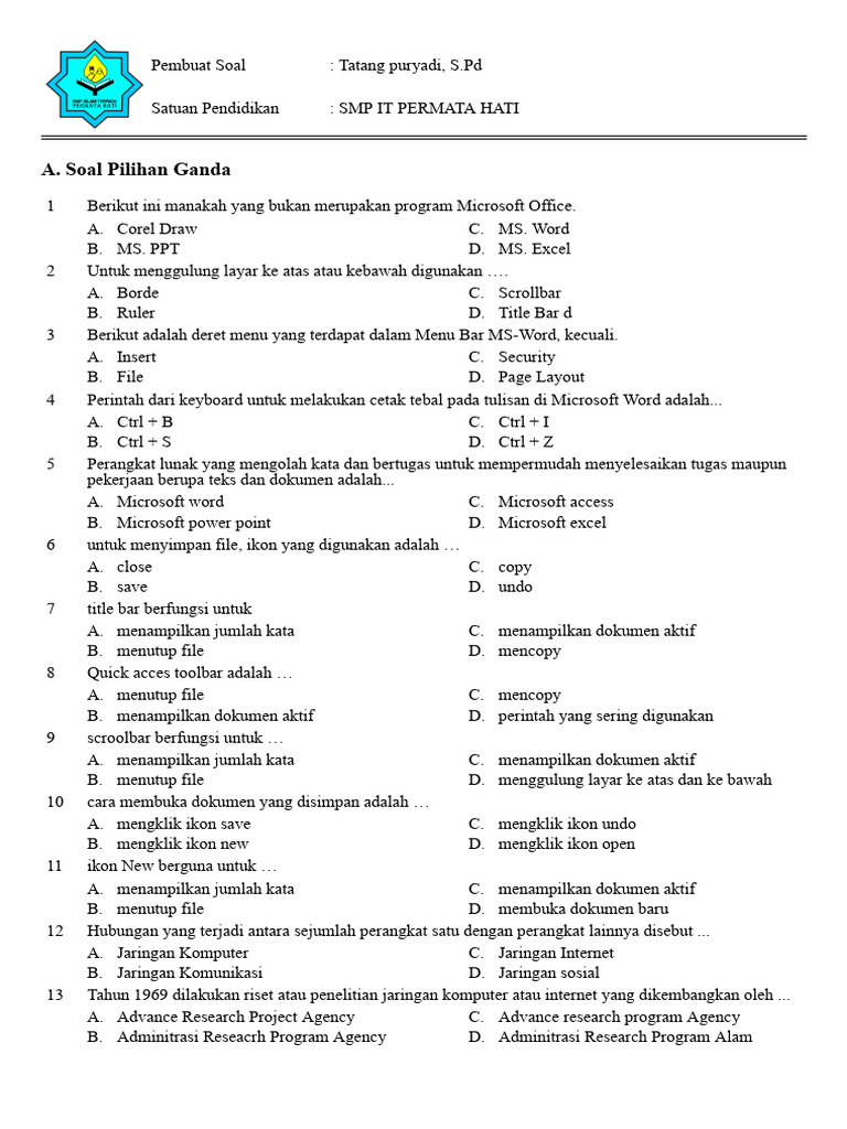 Soal PTS Genap TIK Kelas 8 23-24 | PDF