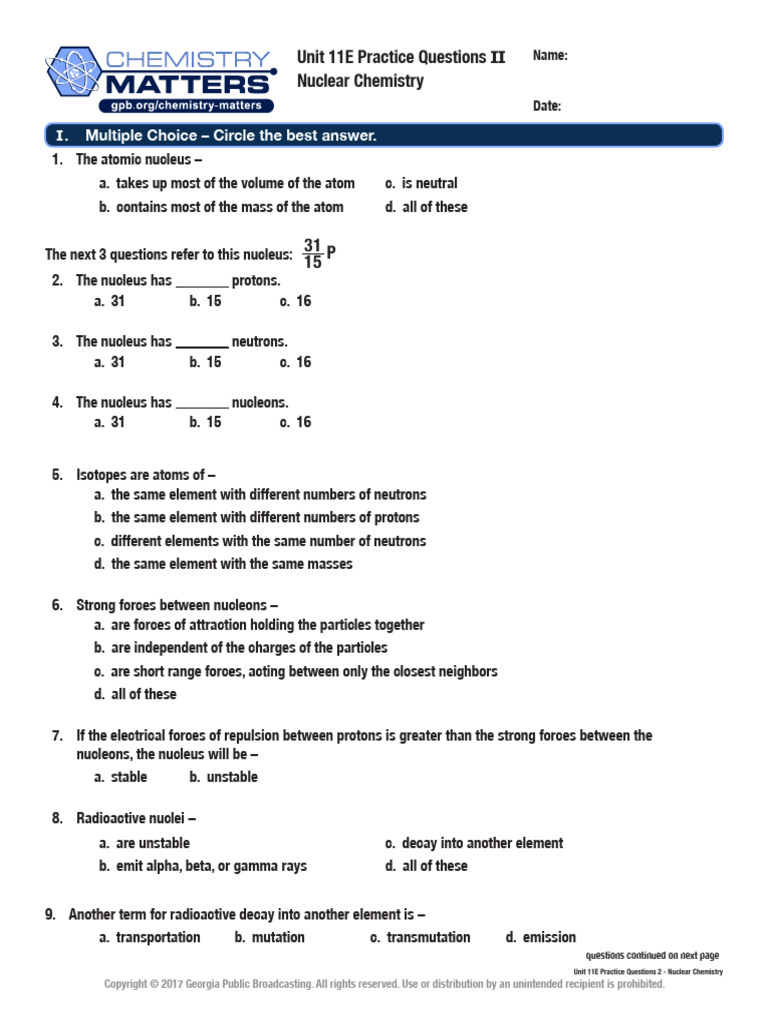 Unit 11e Practice Questions 2 - Nuclear Chemistry | PDF