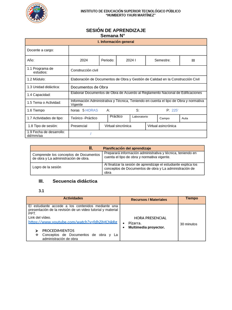 Sesión de Aprendizaje 1 Hym 2024 Doc Obra Iii | PDF