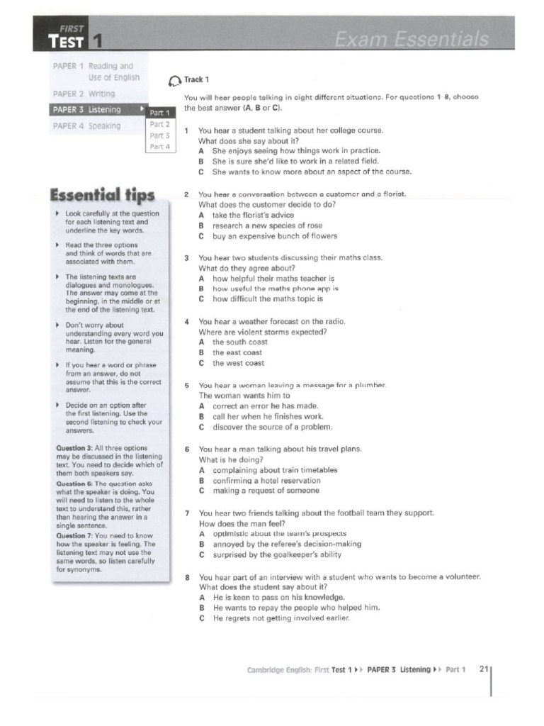 PRACTICE TEST 1- EXAM ESSENTIALS (Listening P1-4) | PDF