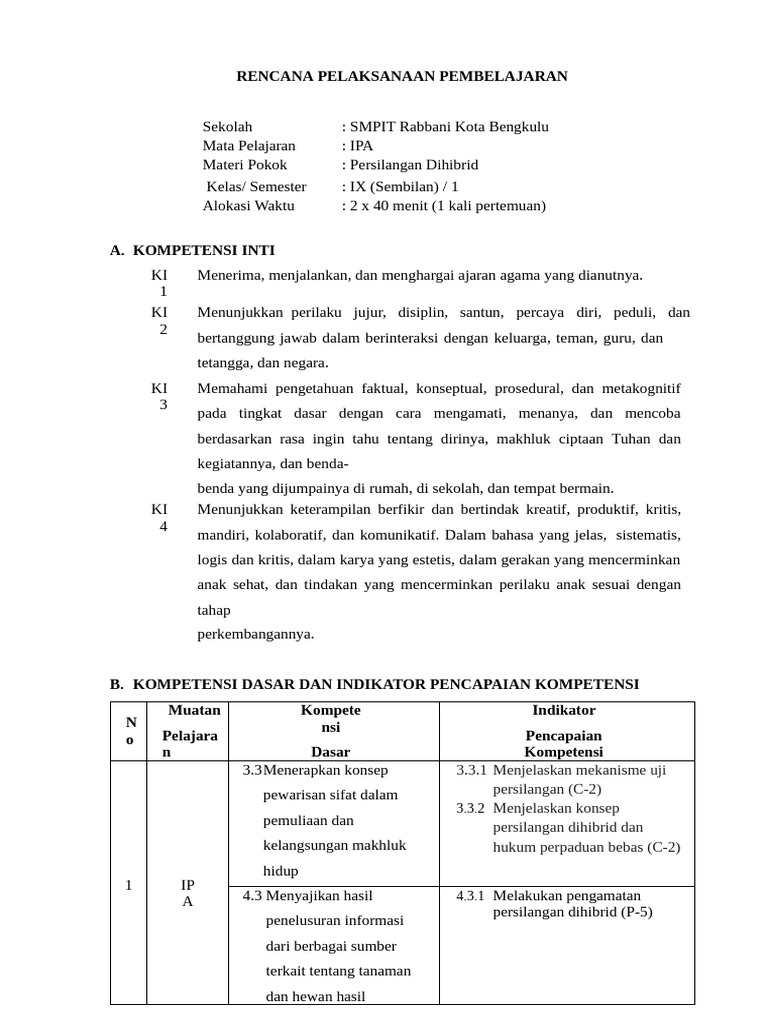 RPP Supervisi Ipa Persilangan Dihibrid - Versi Banyak Lembar | PDF