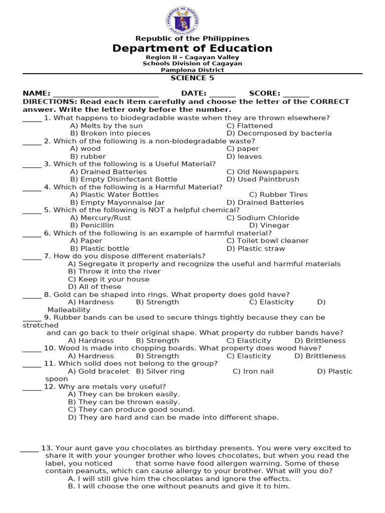 Grade 5 First Diagnostic Test in Science | PDF