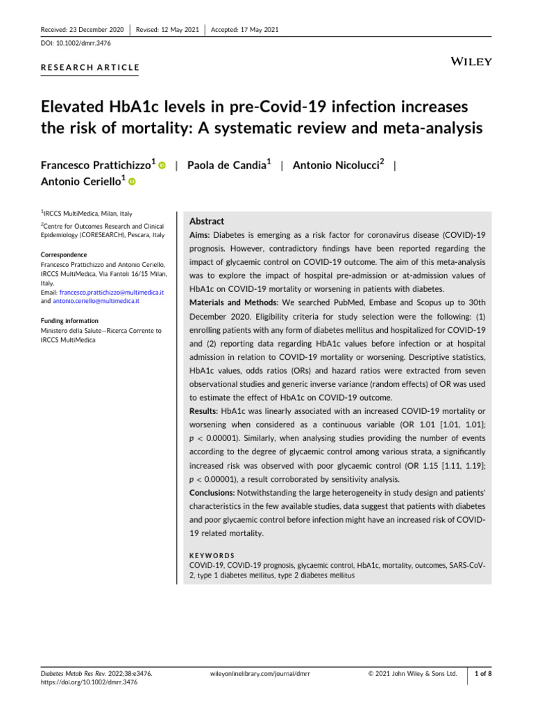 Elevated HbA1c Levels in Pre Covid 19 Infection Increases | PDF