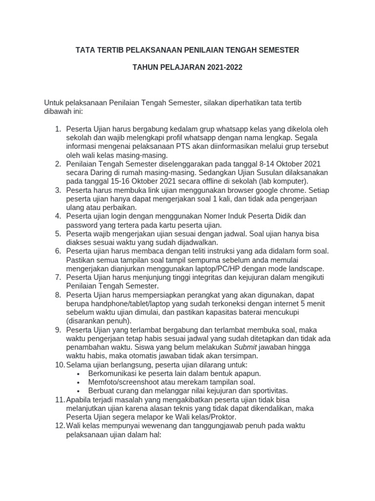 Tata Tertib Pelaksanaan Penilaian Tengah Semester | PDF