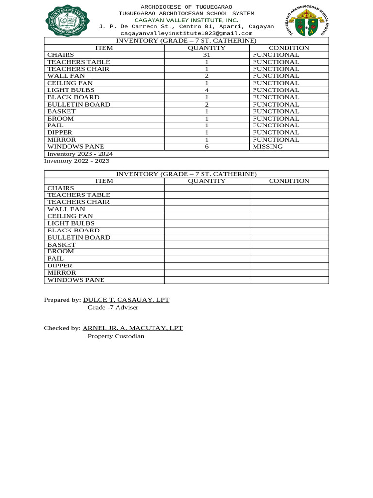 Inventory For 2023 - 2024 | PDF